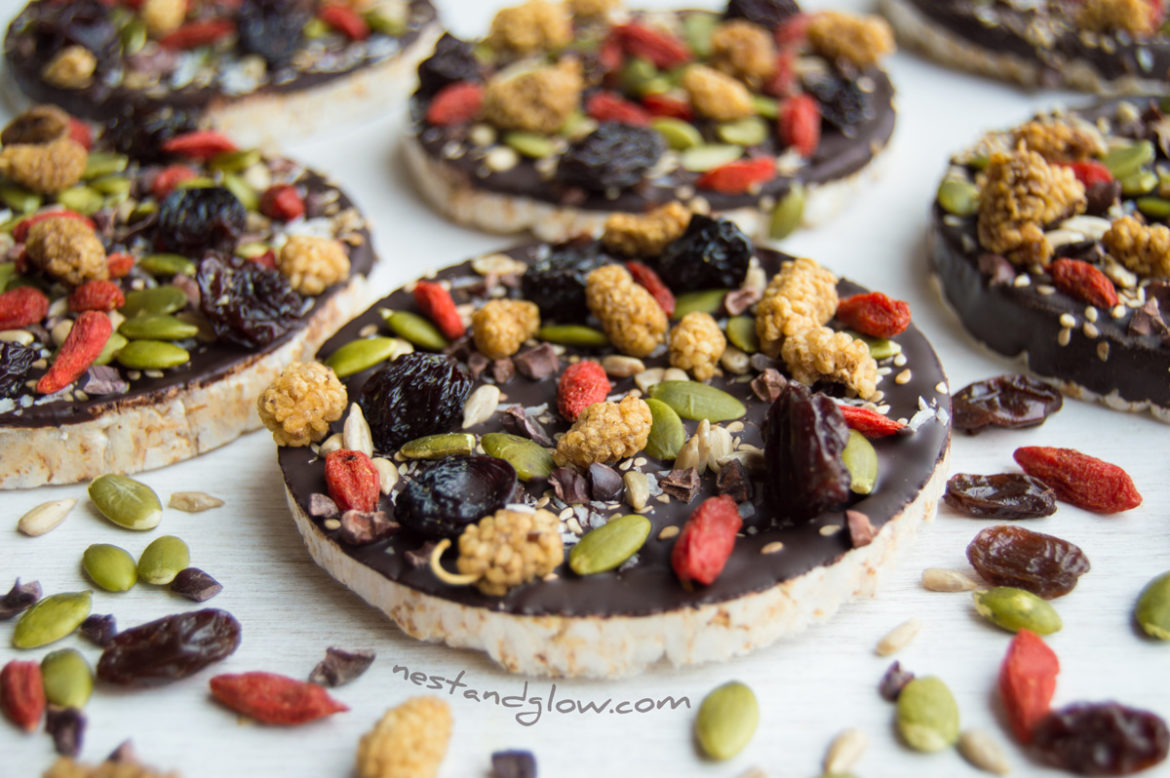 Chocolate Rice Cakes with Fruit and Seeds – Nest and Glow