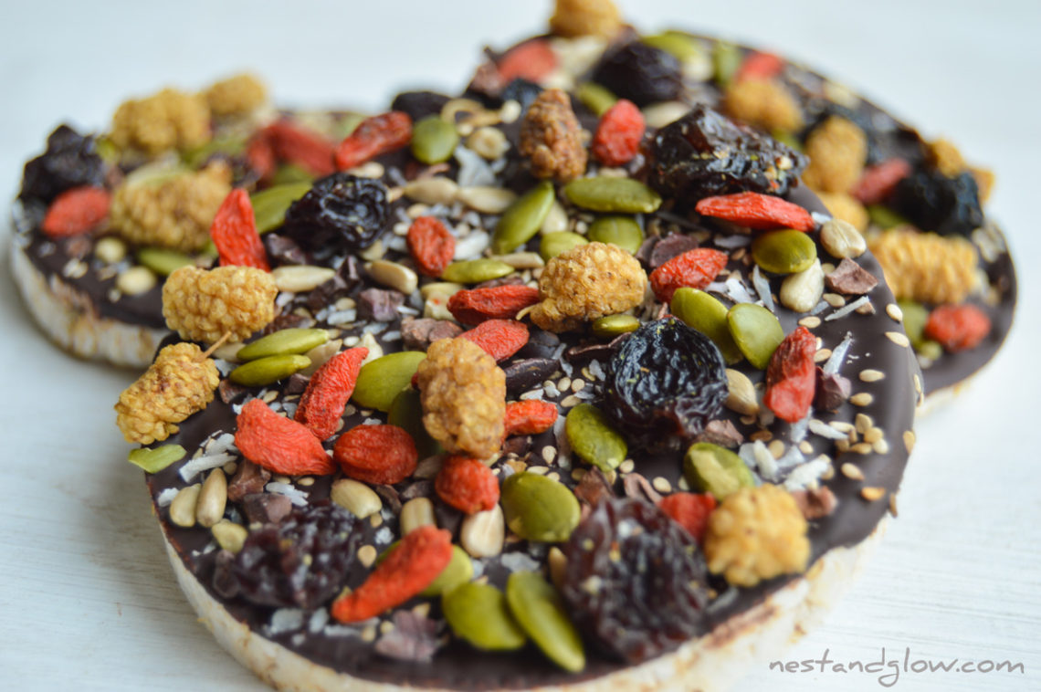 Chocolate Rice Cakes with Fruit and Seeds – Nest and Glow